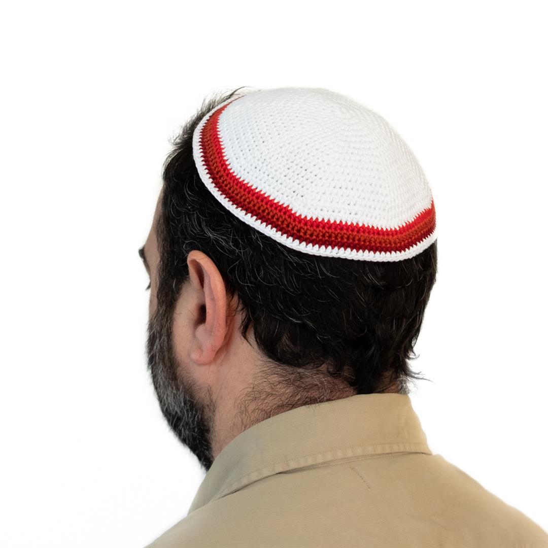 Yad LaKashish | Large White Crocheted Kippah with Stripes